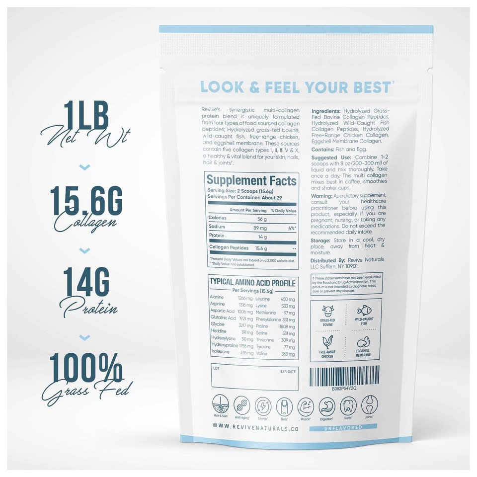 Multi Collagen Hydrolyzed Protein Powder (16oz) - Types I, II, III, V ...