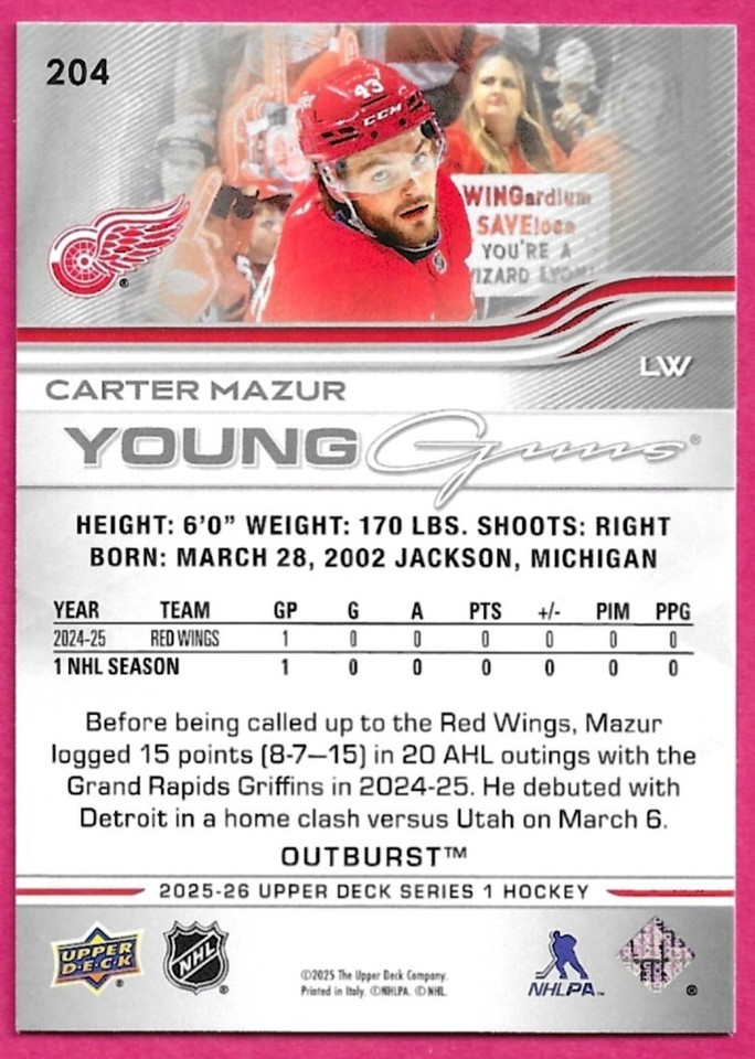 2025-26 UD Upper Deck Series 1 Hockey CARTER MAZUR #204 Young Guns ...