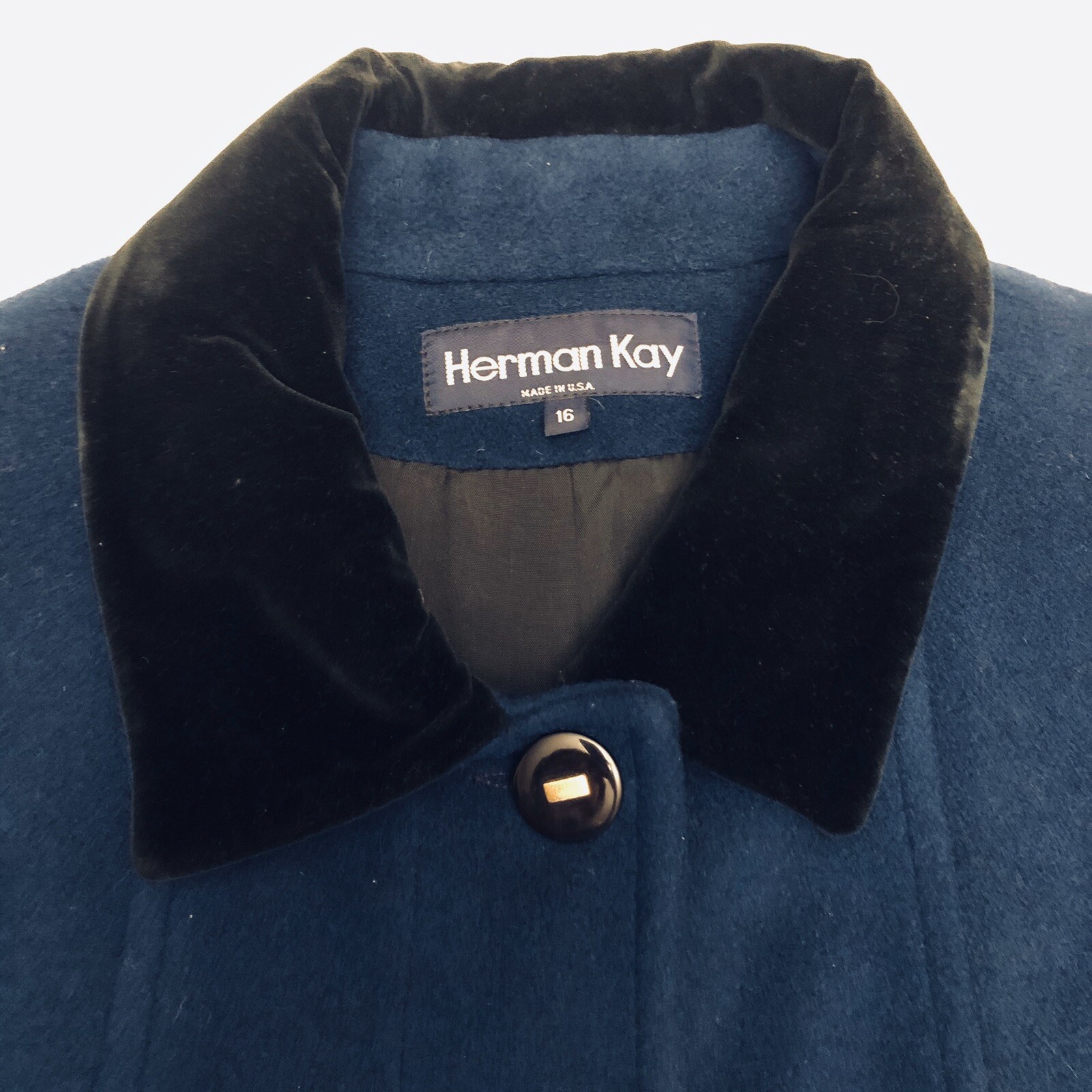 Vintage Herman Kay Woman Wool Coat Navy Blue Black Ve… - Gem