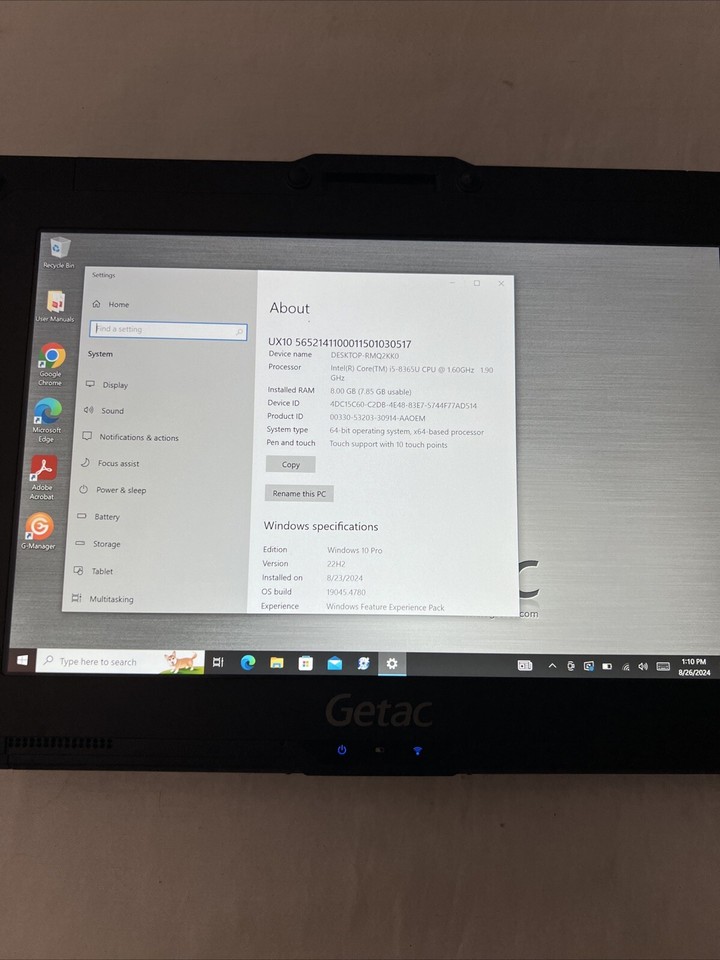 Getac Tablet UX10 I5-8365U 1.60GHz 512GB SSD 8GB Touch Battery Win10P ...