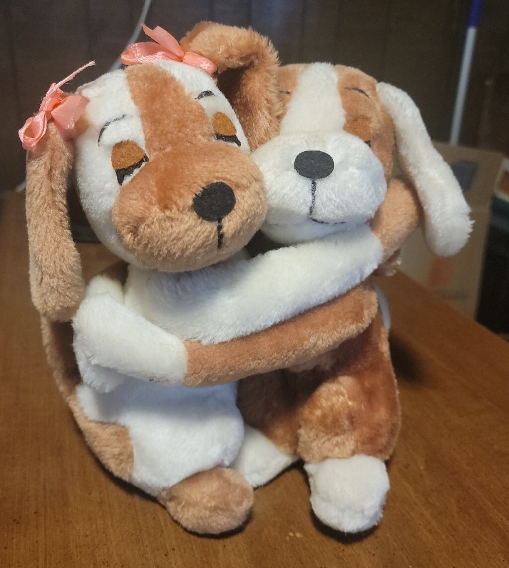 Dakin 1976 Hugging Dogs Plush Stuffed Toy Vintage Yellow Bows Brown Tan ...