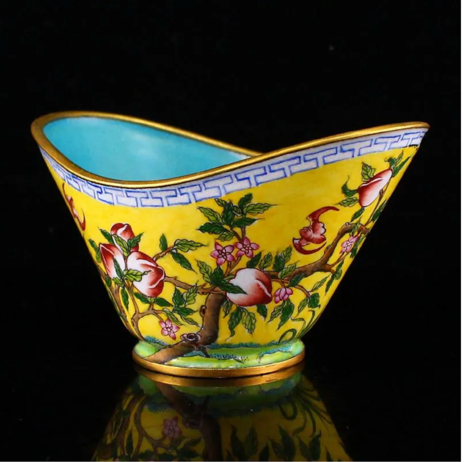 Chinese Gilt Edge Bronze Enamel Wine Cup w Peach, Bat | eBay