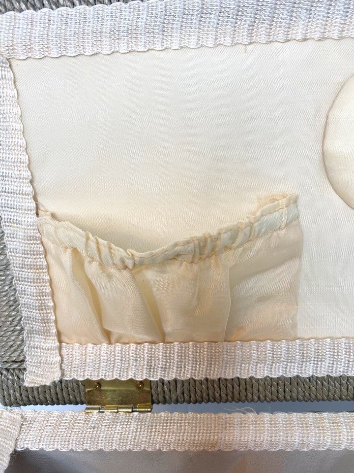 Vintage Tapestry Fabric Cushion Covered Sewing Box Basket w Handle And ...