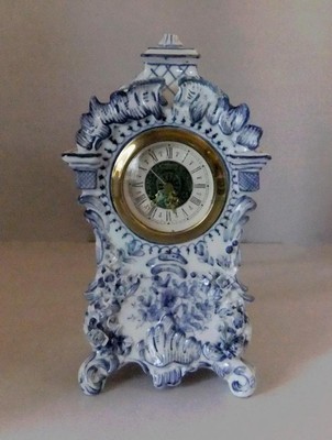 Victorian Rococo Blue & White Porcelain Boudoir Clock Case with Modern ...