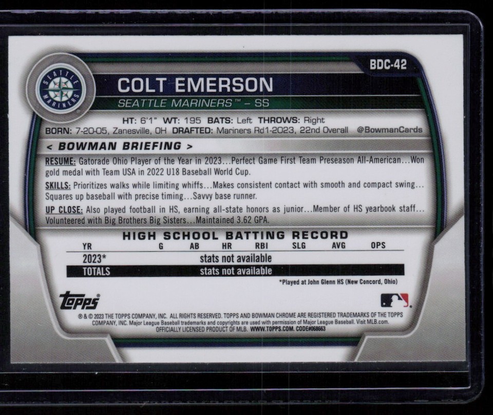 COLT EMERSON 2023 BOWMAN DRAFT CHROME RC SEATTLE MARINERS #BDC-42 1ST ...