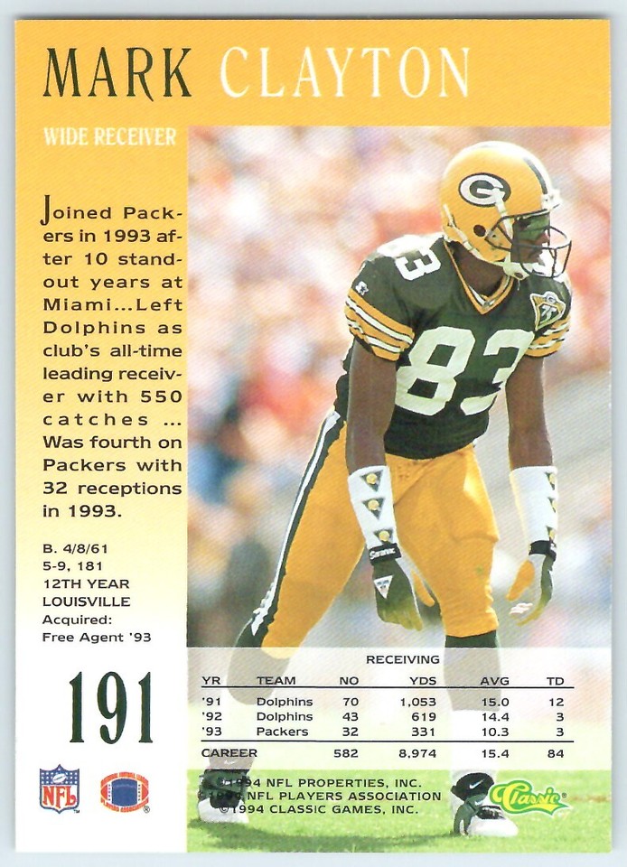 1994 PRO LINE LIVE MARK CLAYTON GREEN BAY PACKERS #191 | eBay
