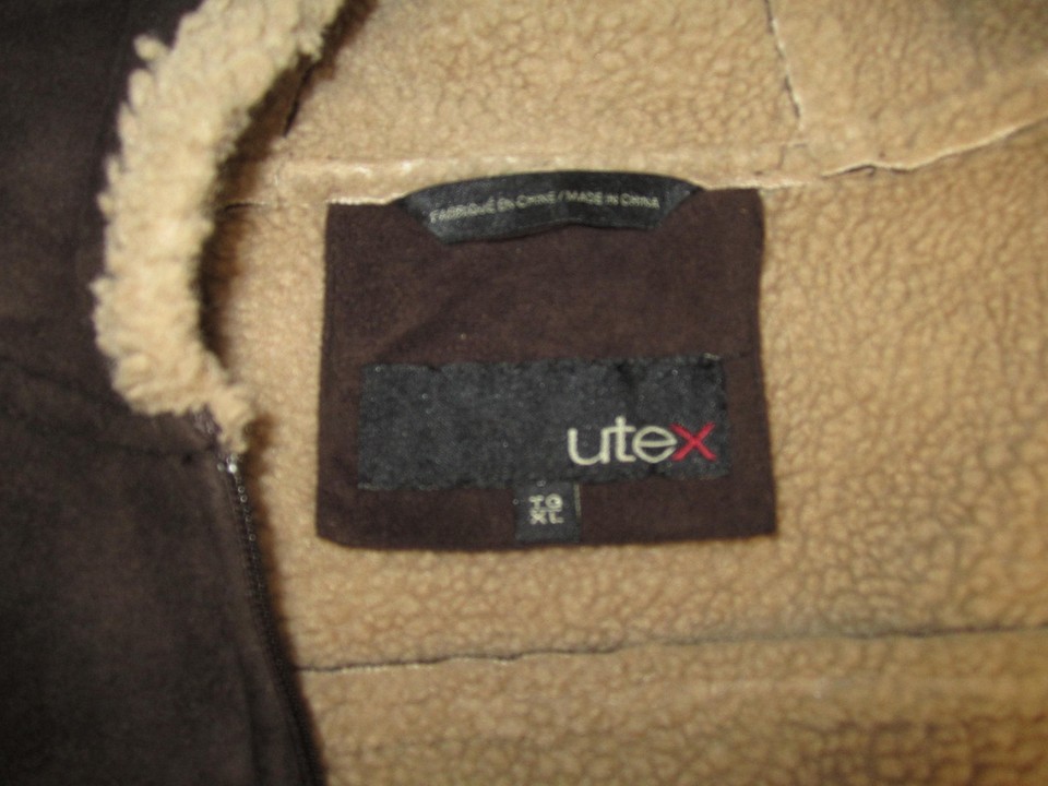 Womens UTEX Hooded Winter Coat - brown faux suede with tan faux ...