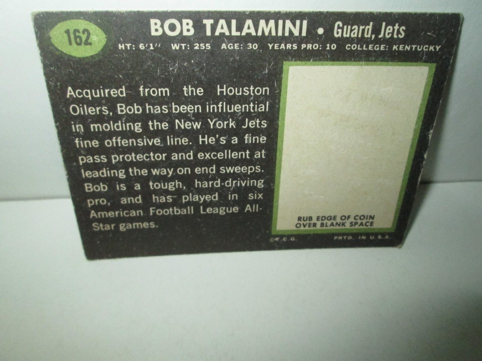 BOB TALAMINI 1969 Vintage Topps Card #162 NEW YORK JETS Kentucky Exc | eBay
