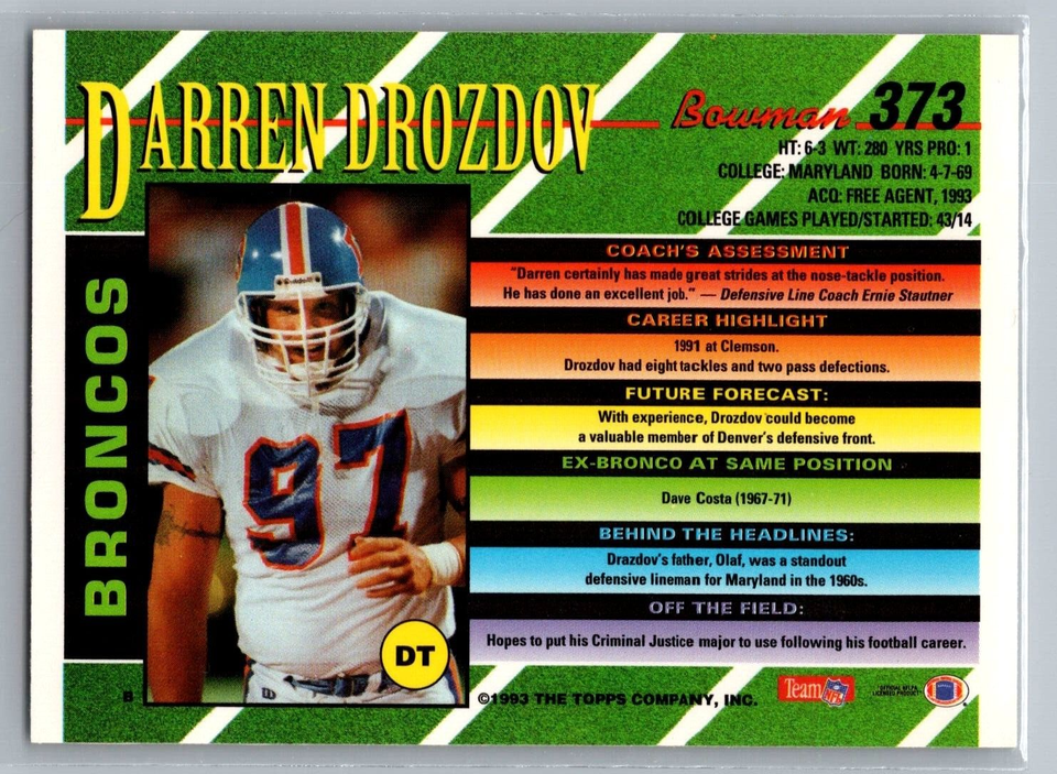 1993 TOPPS BOWMAN CARD # 373 Darren Drozdov - Denver Broncos | eBay