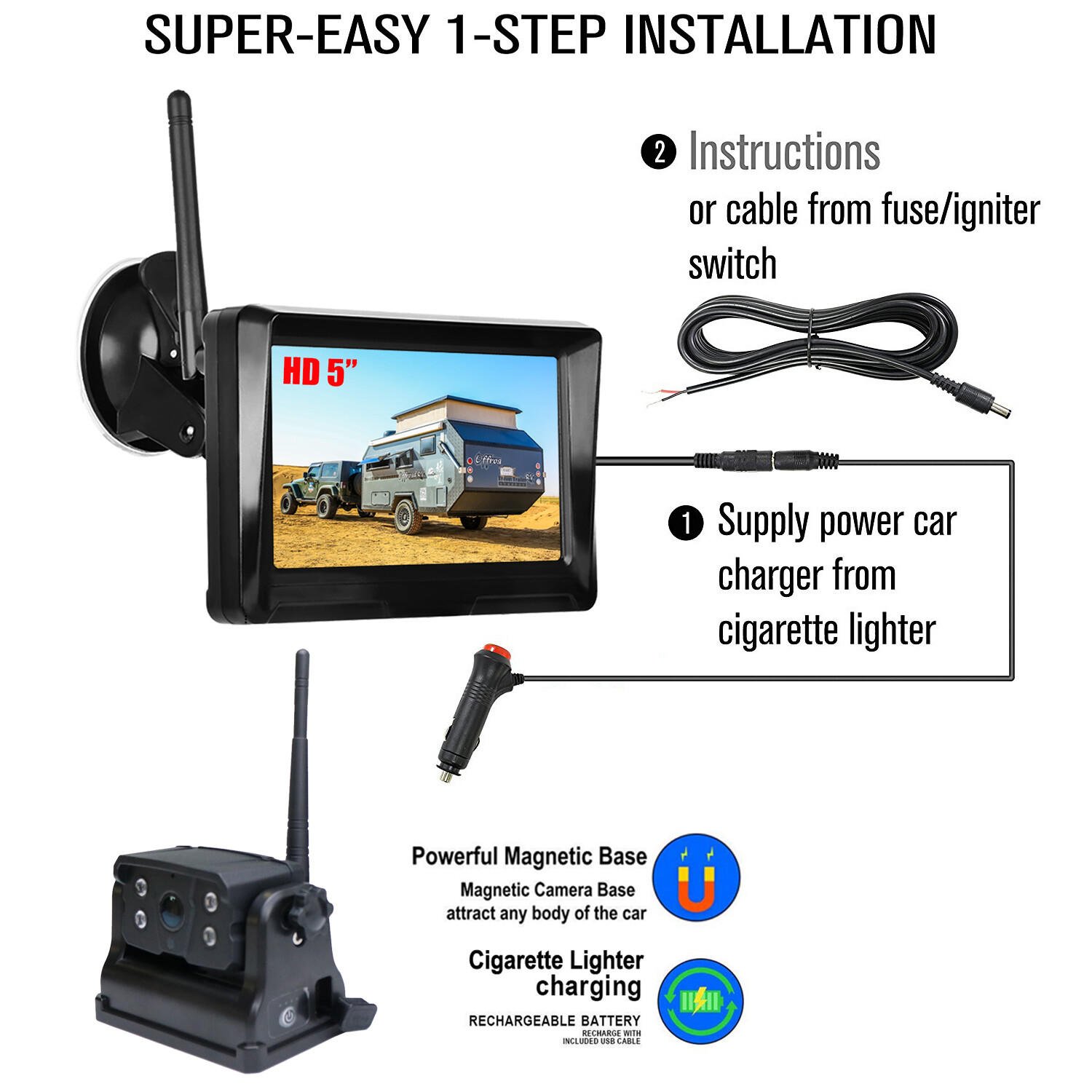 Wireless 5" Monitor Portable Magnetic Rechargeable Backup Camera for ...