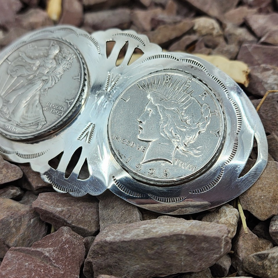 Native American Sterling Silver Double Coin Belt Buckle Morgan ...