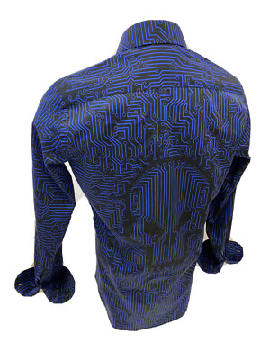 Men STEELO By ENVY Long Sleeve Button Up Dress Shirt BLUE SILKY SKULL ...
