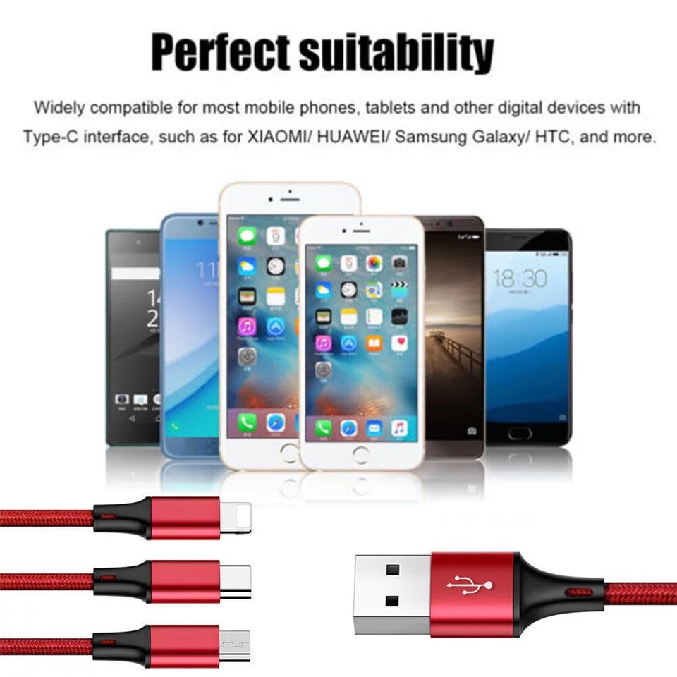 3 IN 1 Fast Charging Cable Universal Multi Function Cell Phone Charger ...