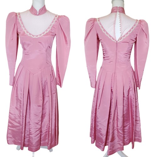 80s Size 4 Pink Princess Dress Longsleeve Midi Taffeta Prom Formal Puff ...