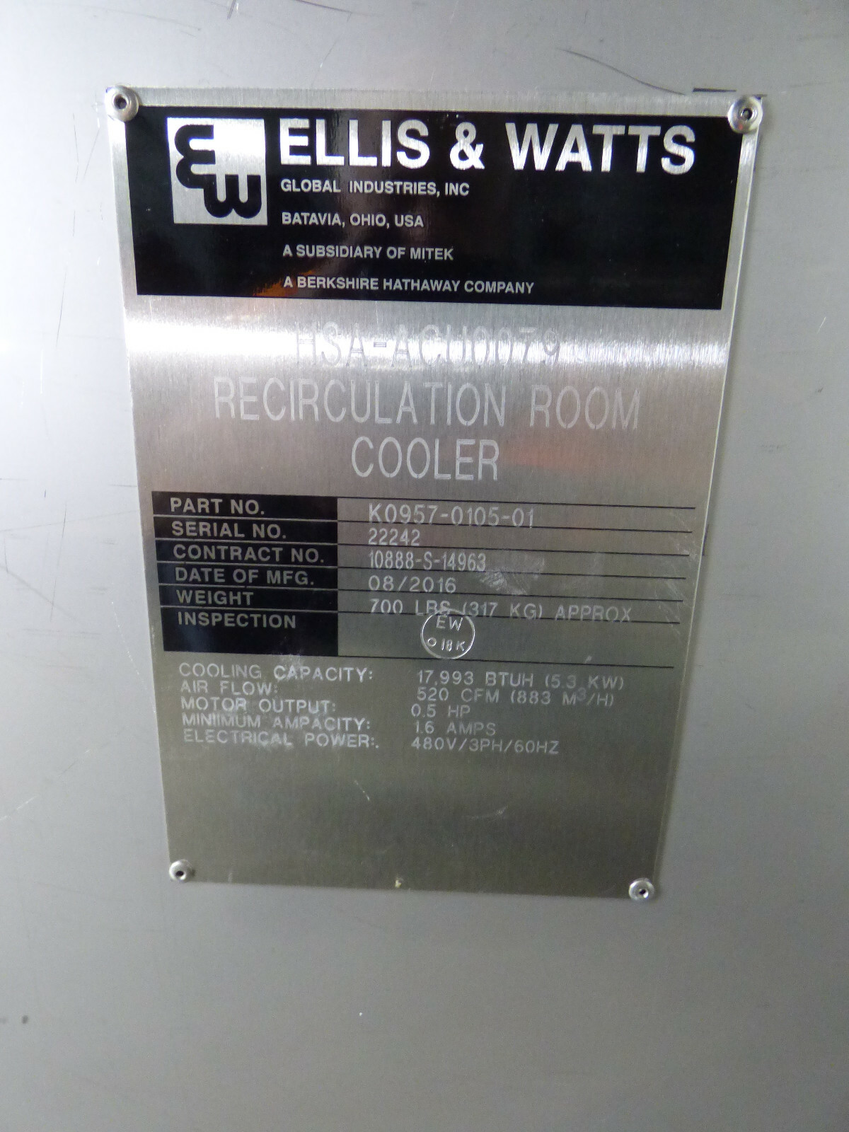 Ellis & Watts 17,993 BTU Air To Water Cooler Stainlees Steel New Last ...