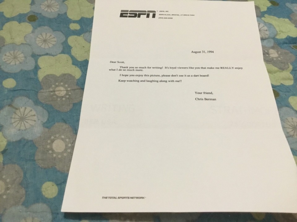 CHRIS BERMAN AUTOGRAPHED PHOTO WITH LETTER/ESPN,BOOMER,NICKNAMES,SPORTS ...