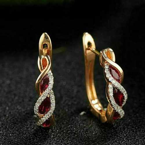 Art-Deco Hoop Earrings 3 Ct Marquise Simulated Ruby 925 Yellow Sterling ...