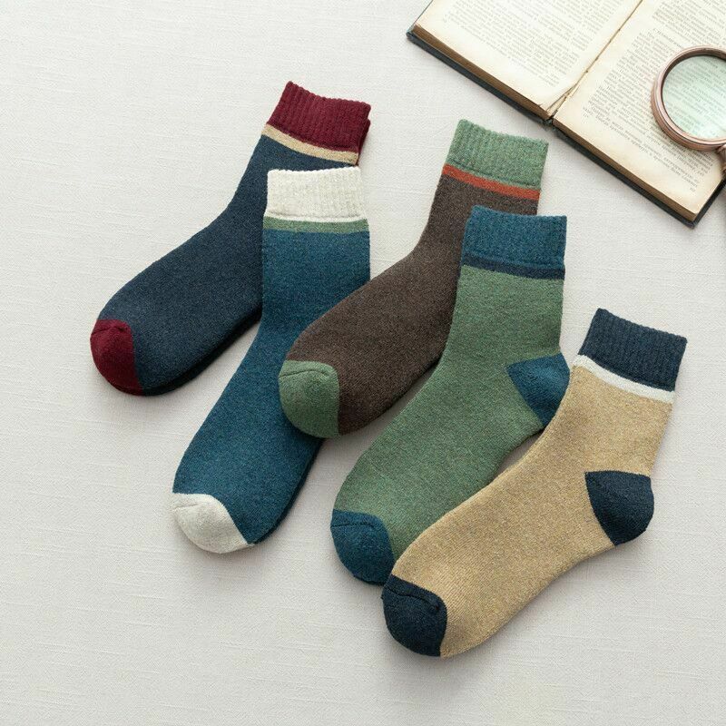 5 Pairs Winter Mens Thick Warm Wool Cashmere Socks Soft Striped Sports ...
