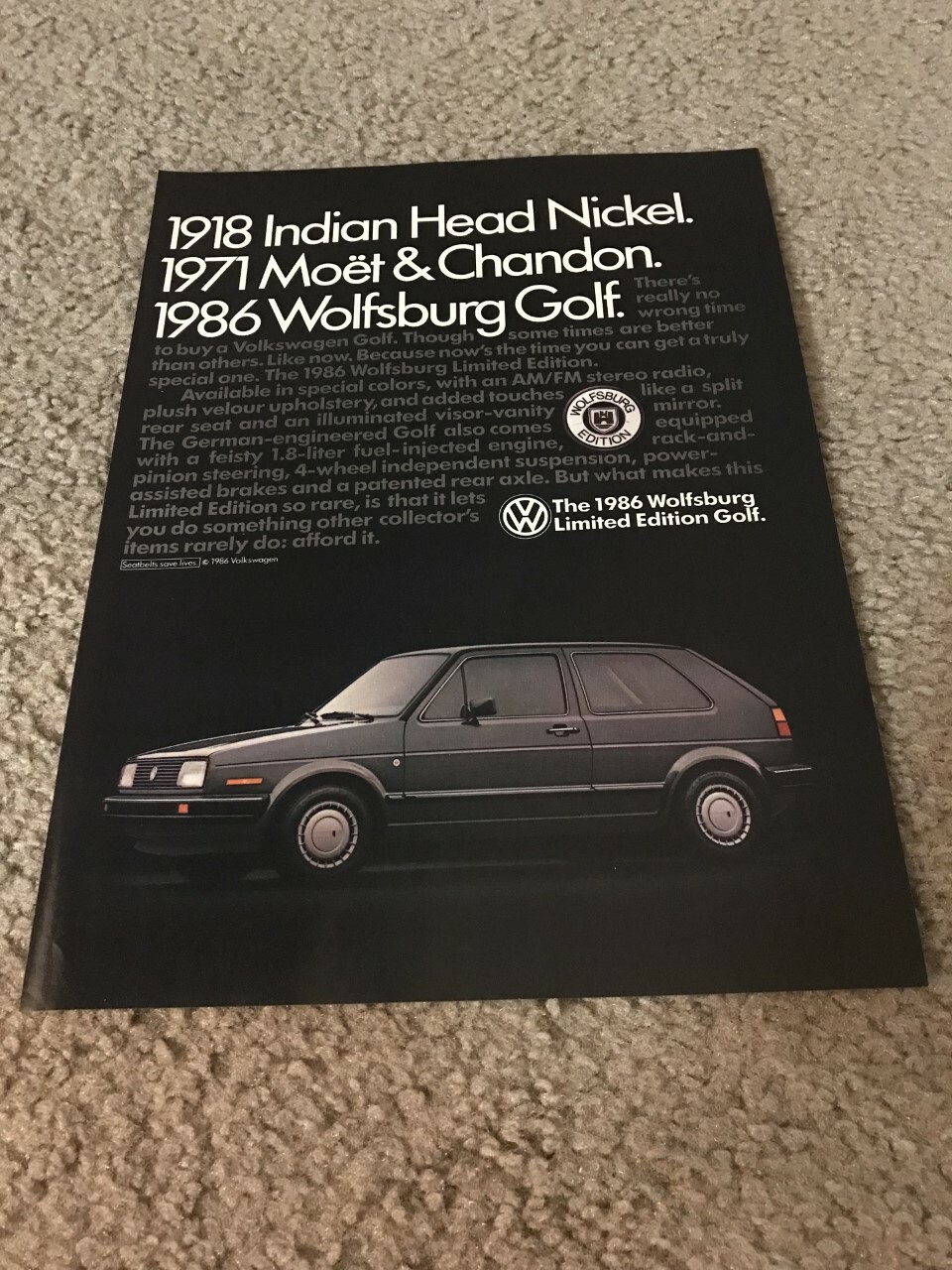 Vintage 1986 VOLKSWAGEN WOLFSBURG LIMITED EDITION GOLF Print Ad RARE ...