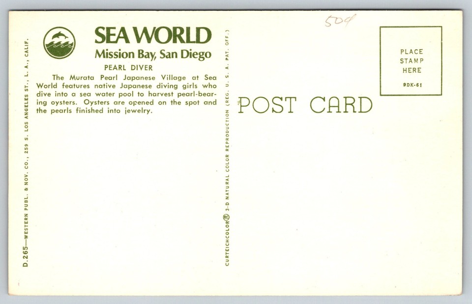 Postcard Seaworld Pearl Diver Mission Bay San Diego, California D2 | eBay