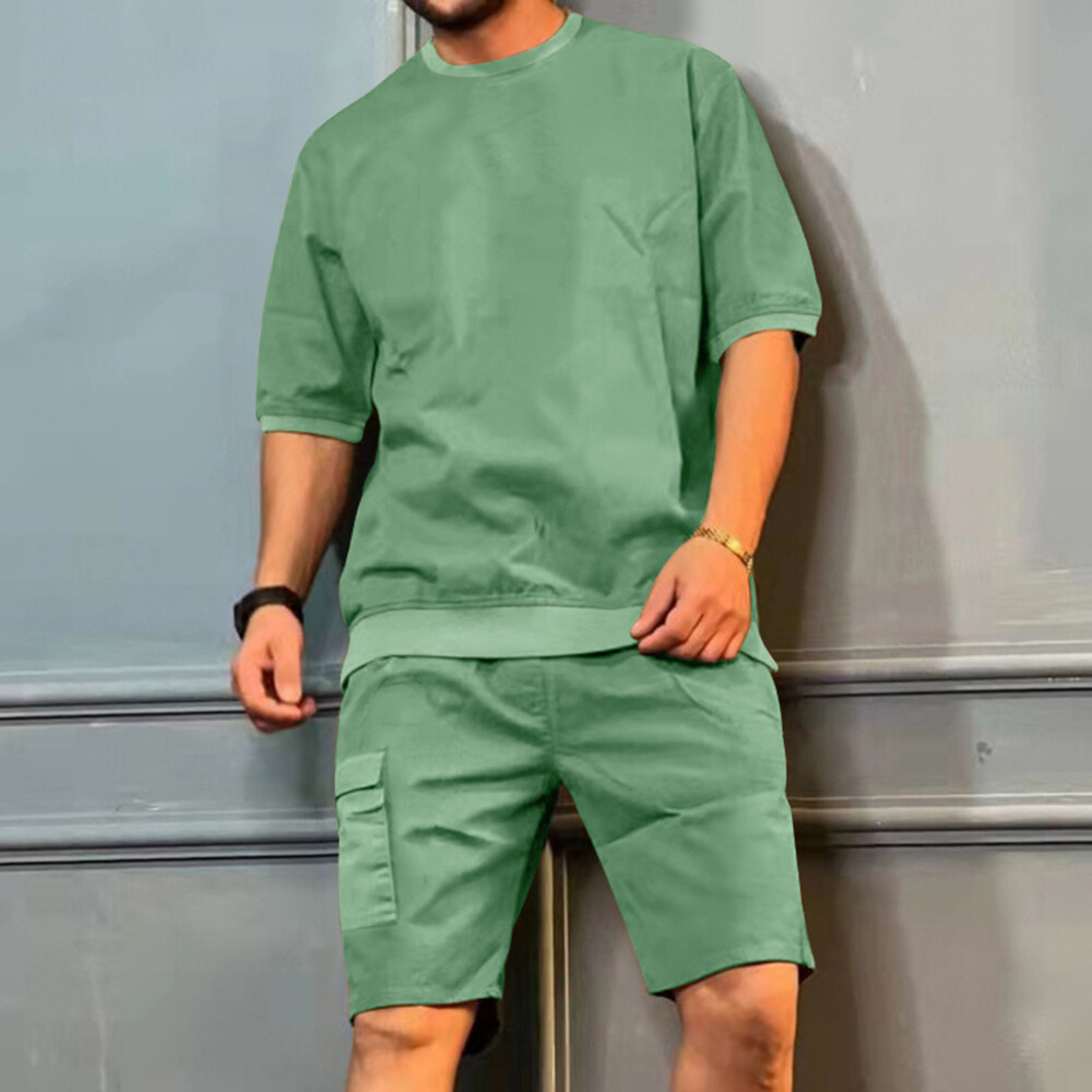 Men's T-Shirt Pants Sets Sport Leisure Suit O-Neck Casual Pure Color ...