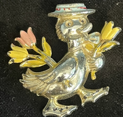Vintage Duck Pin Brooch Blue Hat Pink Yellow Tulips Bow Tie Easter ...