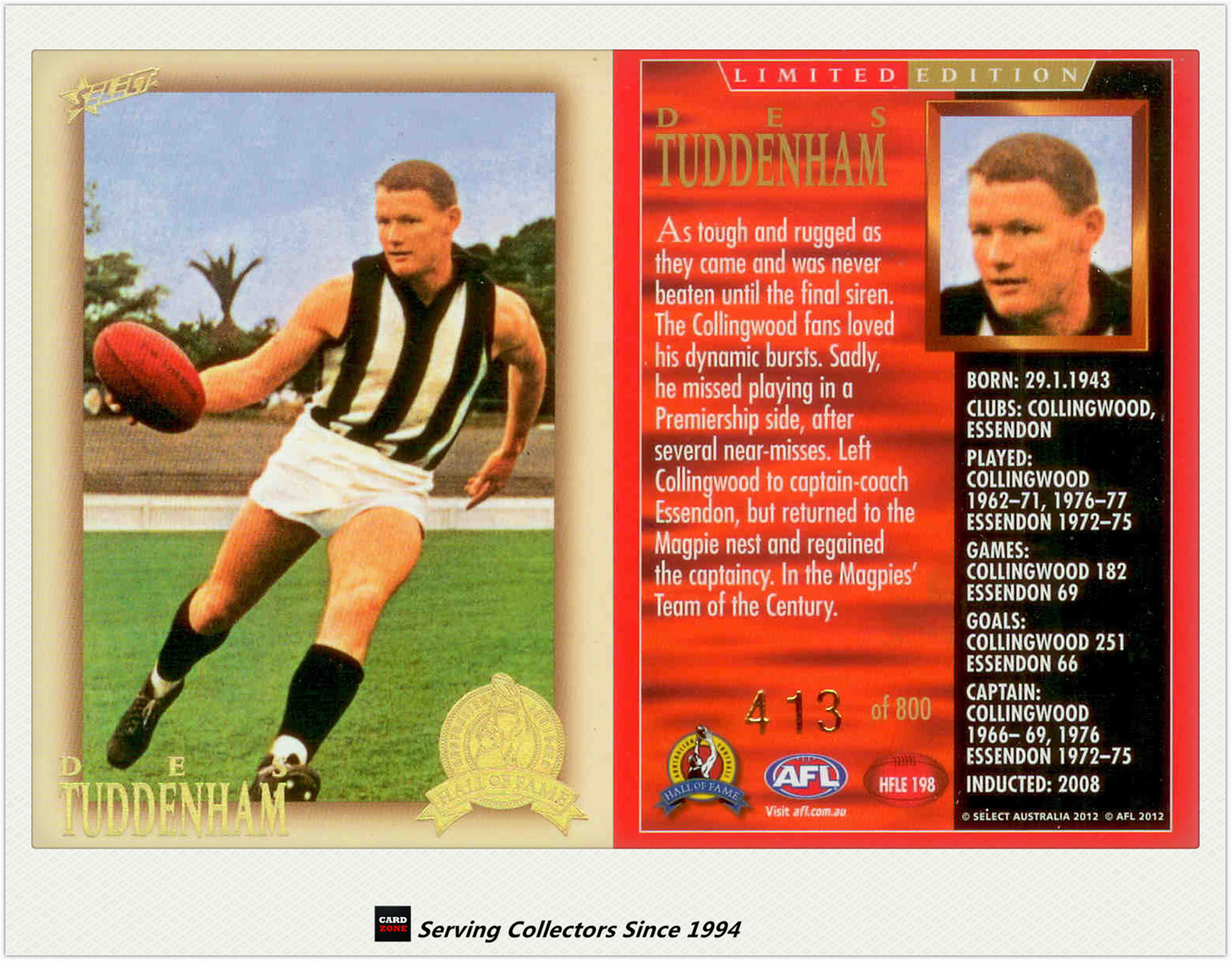 HOF-2012 AFL Eternity Hall Of Fame Limited Edition HF198 Des Tuddenham ...