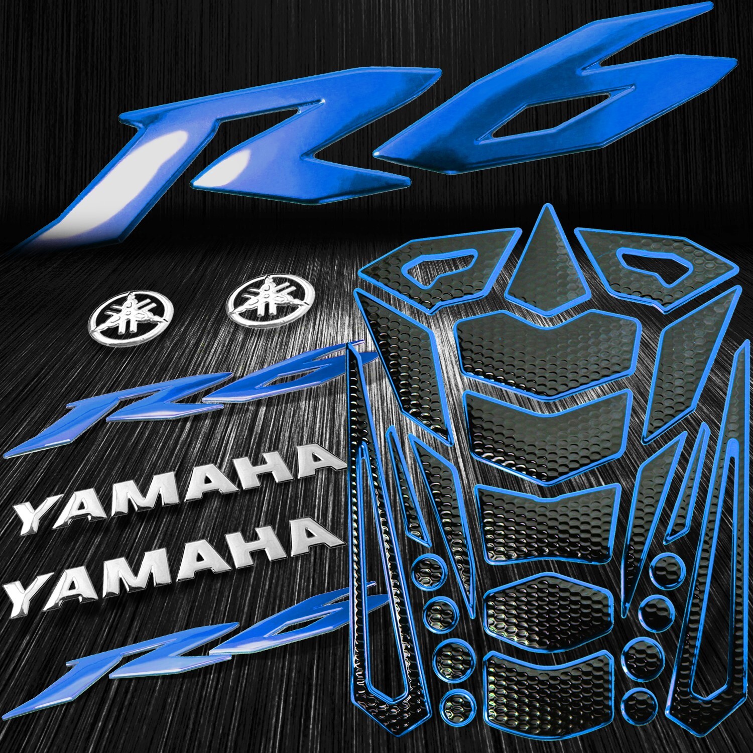 16PC Blue Fuel Tank Pad+YZF-R6/R6S Emblem Sticker+6"Silver Logo&Letter ...