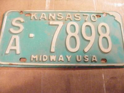 1970 KANSAS STATE LICENSE PLATE CAR TAG, SA 7898 SALINE COUNTY KS YEAR ...