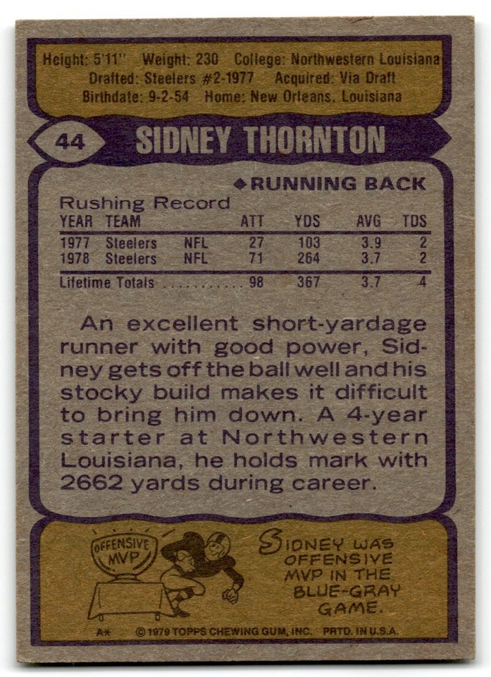 1979 Topps Sidney Thornton Pittsburgh Steelers #44 | eBay