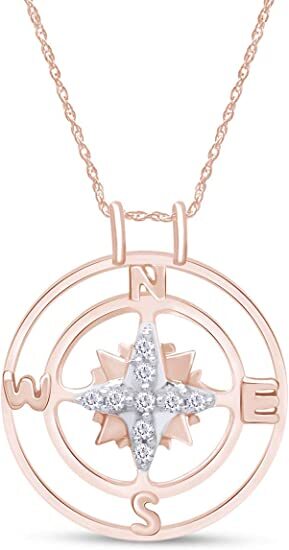 1/10ct Natural Diamond Compass Pendant 18" Necklace in 925 Sterling ...