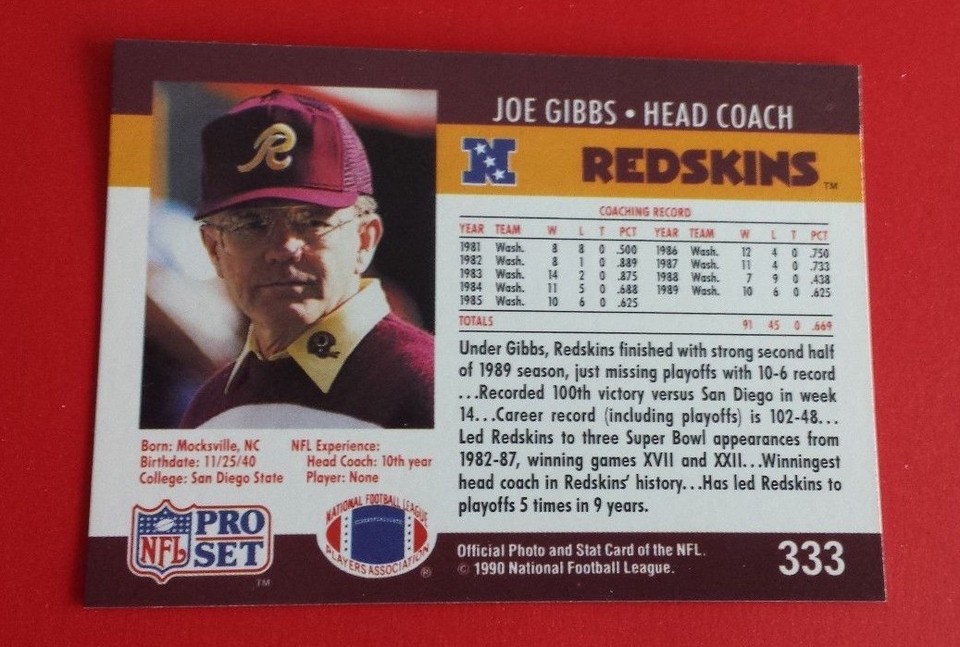 1990 Pro Set Football Joe Gibbs Card 284 Washington Redskins | eBay