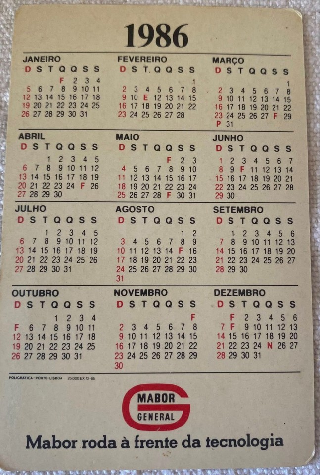 ⭕VTG, card pocket calendar 1986 MABOR Portugal advertising | eBay