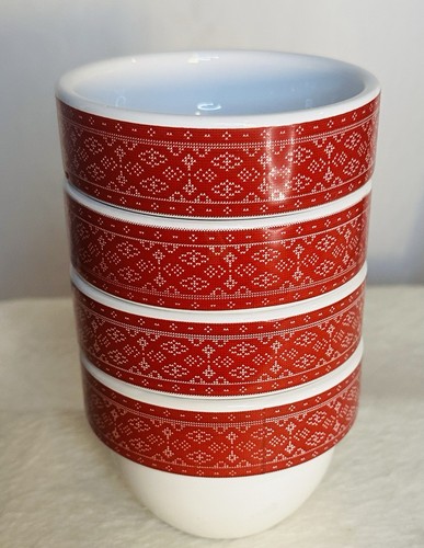 Lot of 4 Bee & Willow Custard/Dessert Cups/Bowls White w/Red Nordic ...