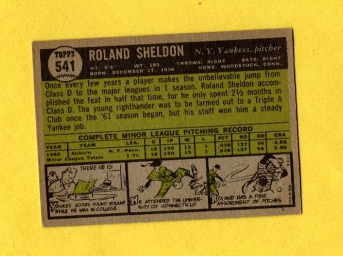 1961 Topps Roland Sheldon #541 HI # New York Yankees VERY GOOD- FREE ...