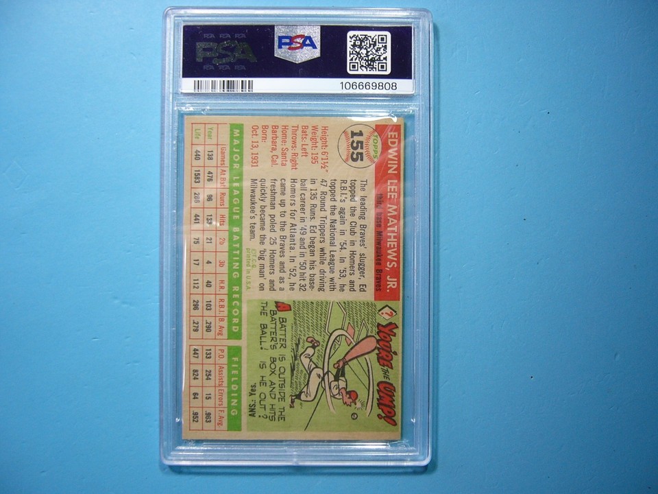 1955 TOPPS BASEBALL CARD #155 ED MATHEWS PSA A TR SHARP & NICE!! '55 ...