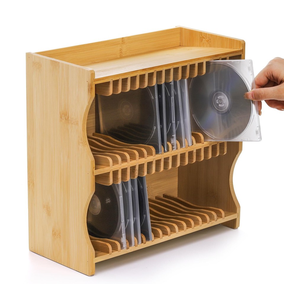 CD Holder Rack, Bamboo CD Rack Organizer with Rubber Feet, DVD Display ...