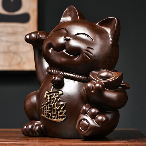 Arts and Crafts Ebony Wood Carved Maneki Neko Statue Lucky Cat Feng ...