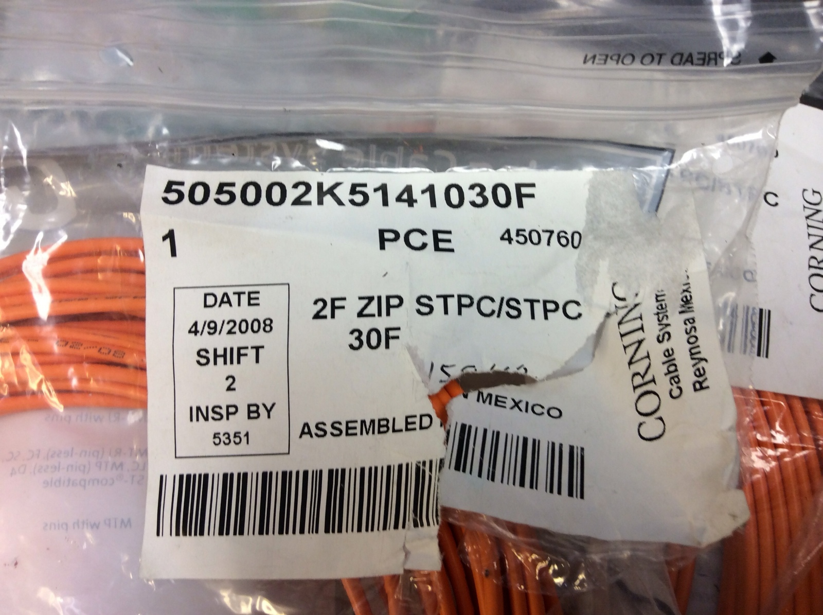 35 FEET CORNING GOLD FIBER OPTIC PATCH 2F ZIP STPC/STPC 505002K5141030F ...