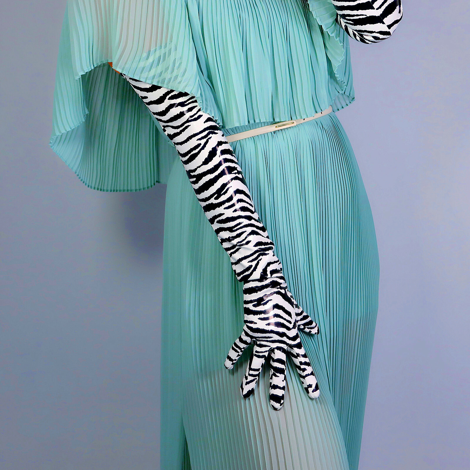 LATEX LONG GLOVES Shine Leather PU 24" 60cm Animal Print Black White ...