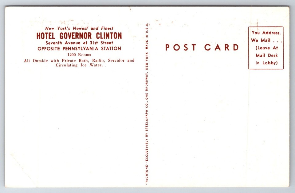 Vintage Postcard Hotel Governor Clinton New York New York City | eBay