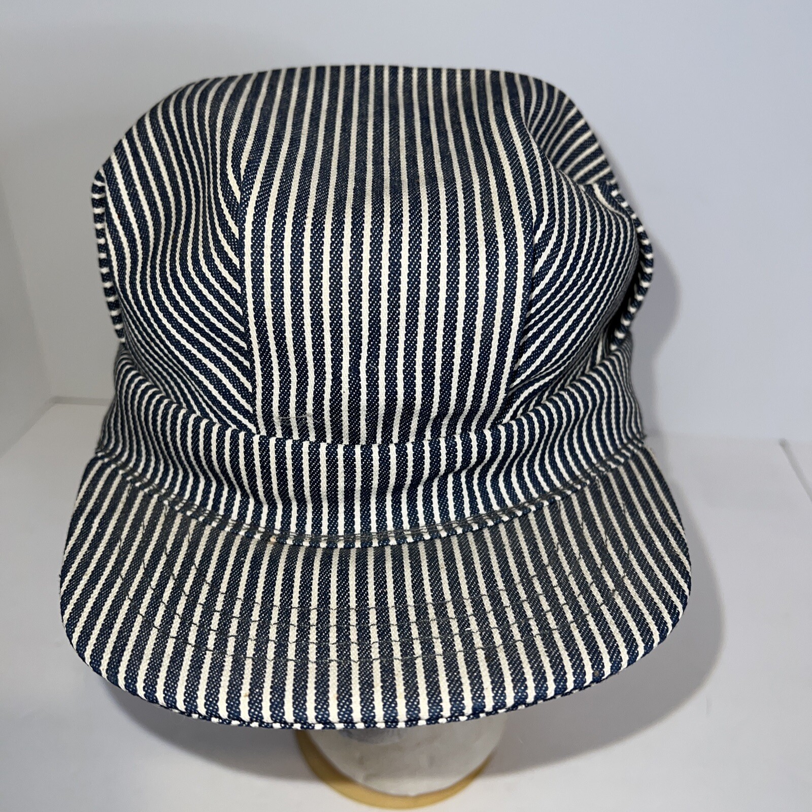 Vintage Railroad Train Conductor Hickory Stripe Hat Cap Blue White ...