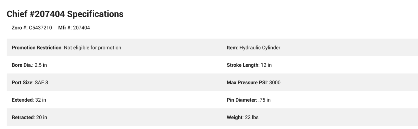 Cheif 207404 Welded Hydraulic Cylinder: 2.5 Bore x 12 Stroke - 1.375 ...