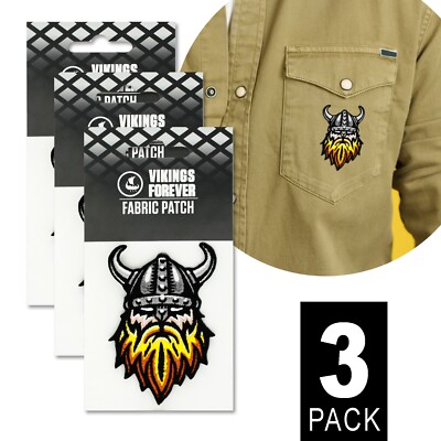Vikings Head Fabric Patch x 3 - Sew / Iron On Embroidered Patch Badge ...