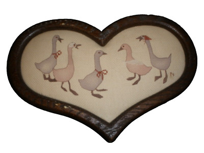 Vintage Framed Cross Stitch Piece Heart Shaped Geese 11.5"x 7" | eBay