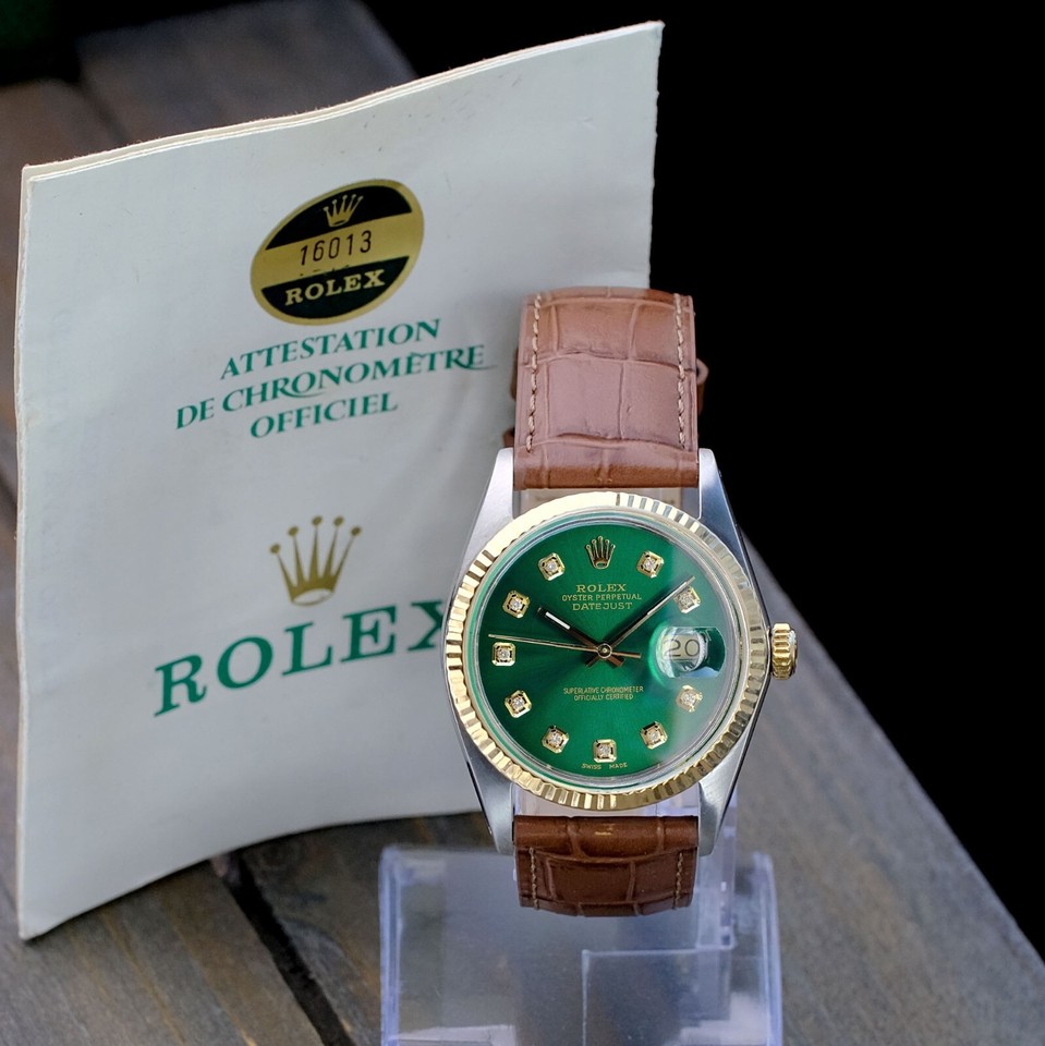 Rolex Datejust Two-Tone 18KY SS Green Diamond Dial Leather Band Watch ...