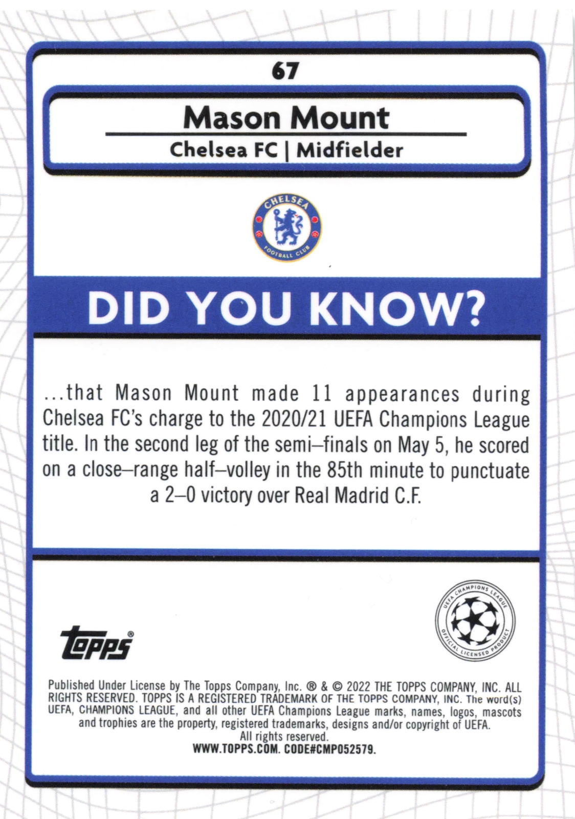 Mason Mount Chelsea Base 67 Topps Merlin Chrome 21/22 UEFA | eBay