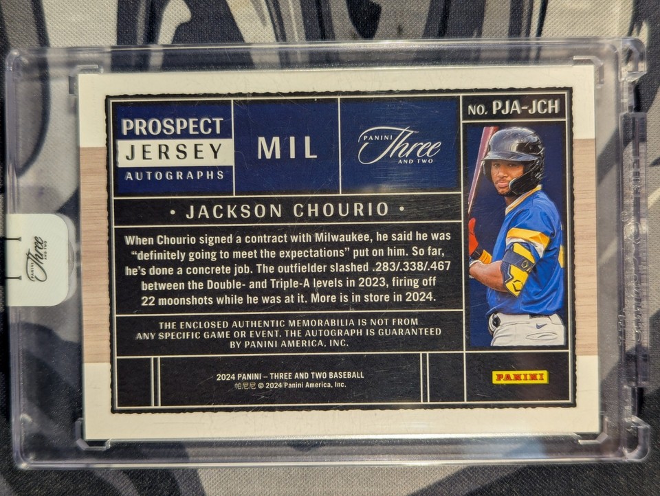 Jackson Chourio Rookie Patch Auto /99 2024 Panini Three & Two Autograph ...