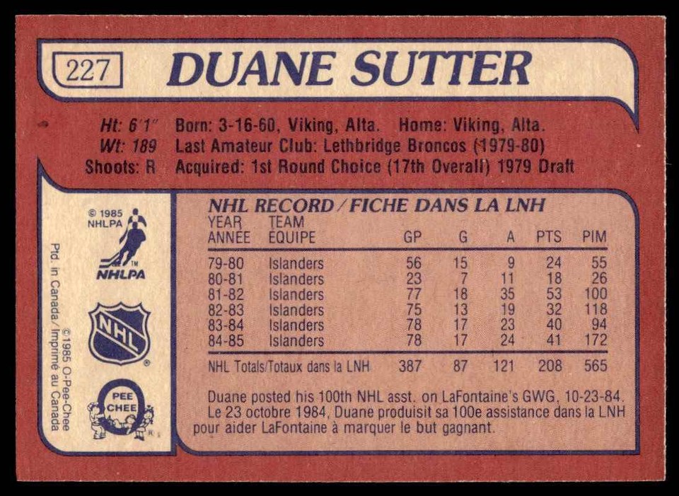 1985-86 O-Pee-Chee Duane Sutter New York Islanders #227 | eBay
