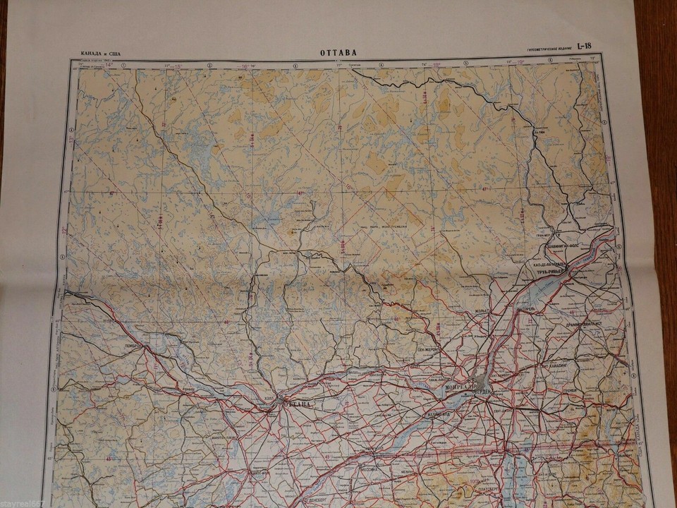 AUTHENTIC Soviet Russian Topographic Map OTTAWA, CANADA/USA 1:1M Ed ...